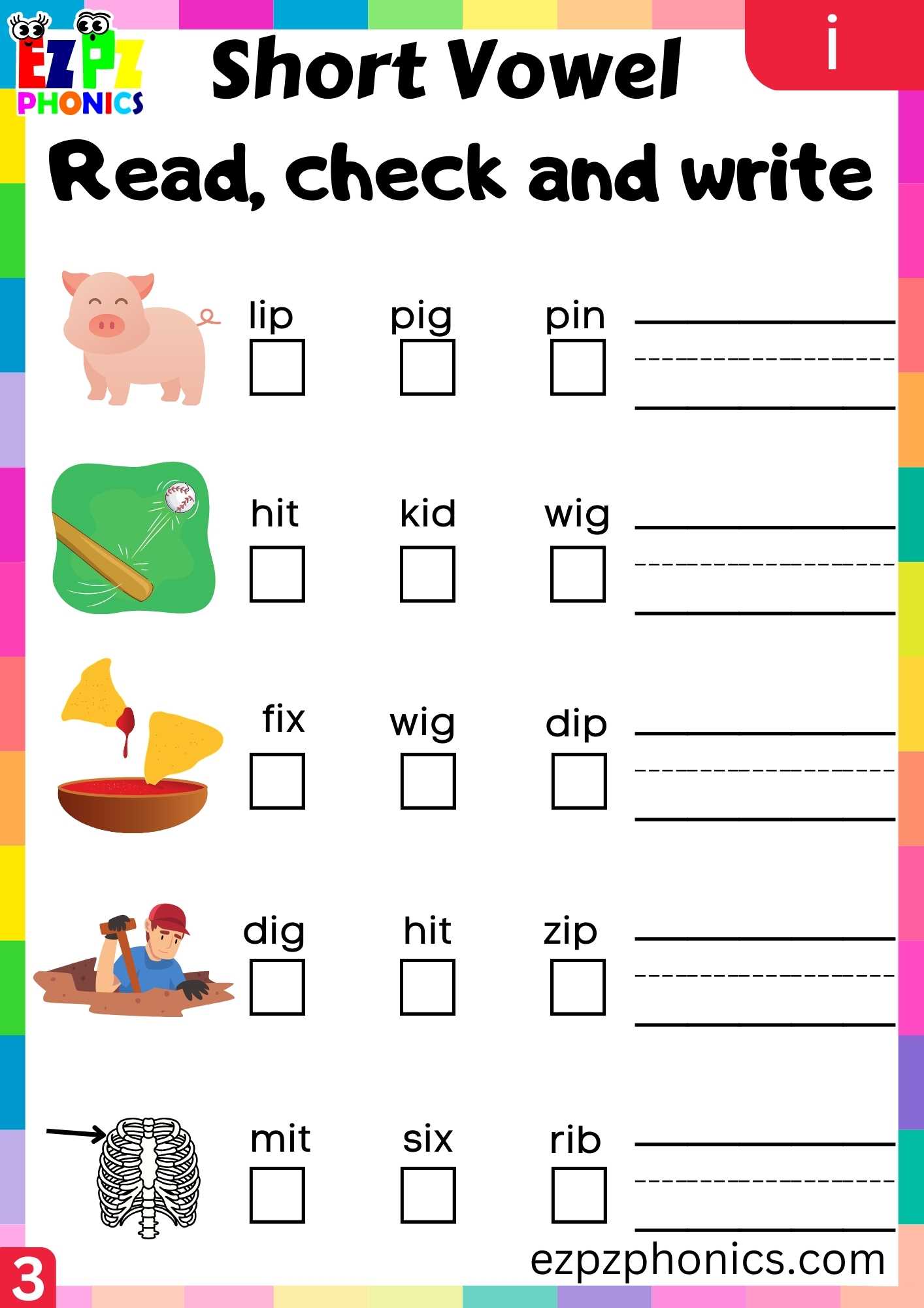 Group3 I Words Read, Check And Write Short Vowel CVC Words Worksheet - ezpzphonics.com